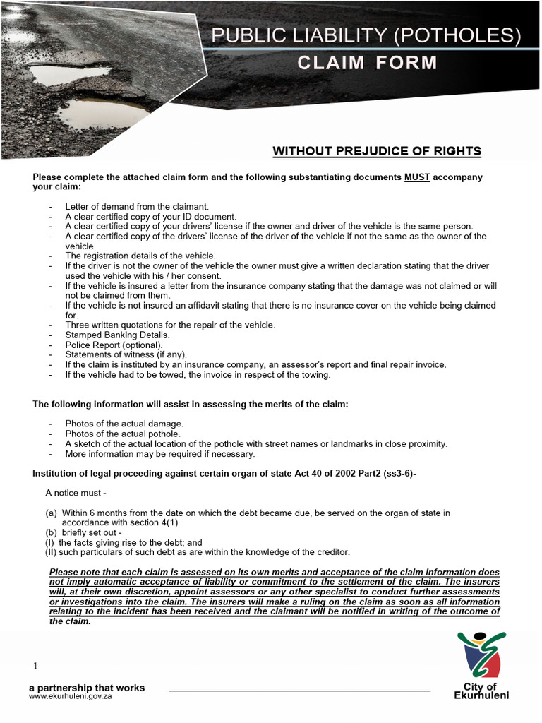 Pothole Public Liability Claim Form | PDF | Insurance