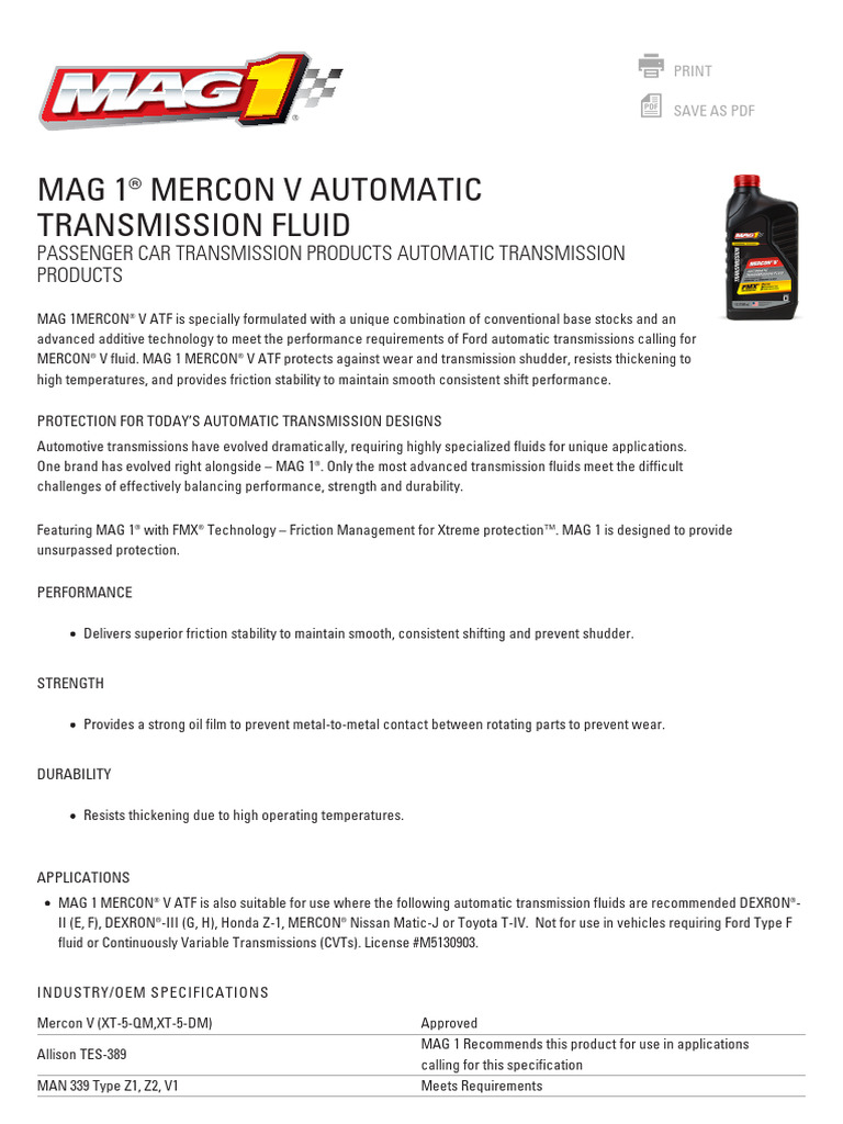 MAG 1 MERCON V ATF Specifications | PDF | Car | Automotive Technologies