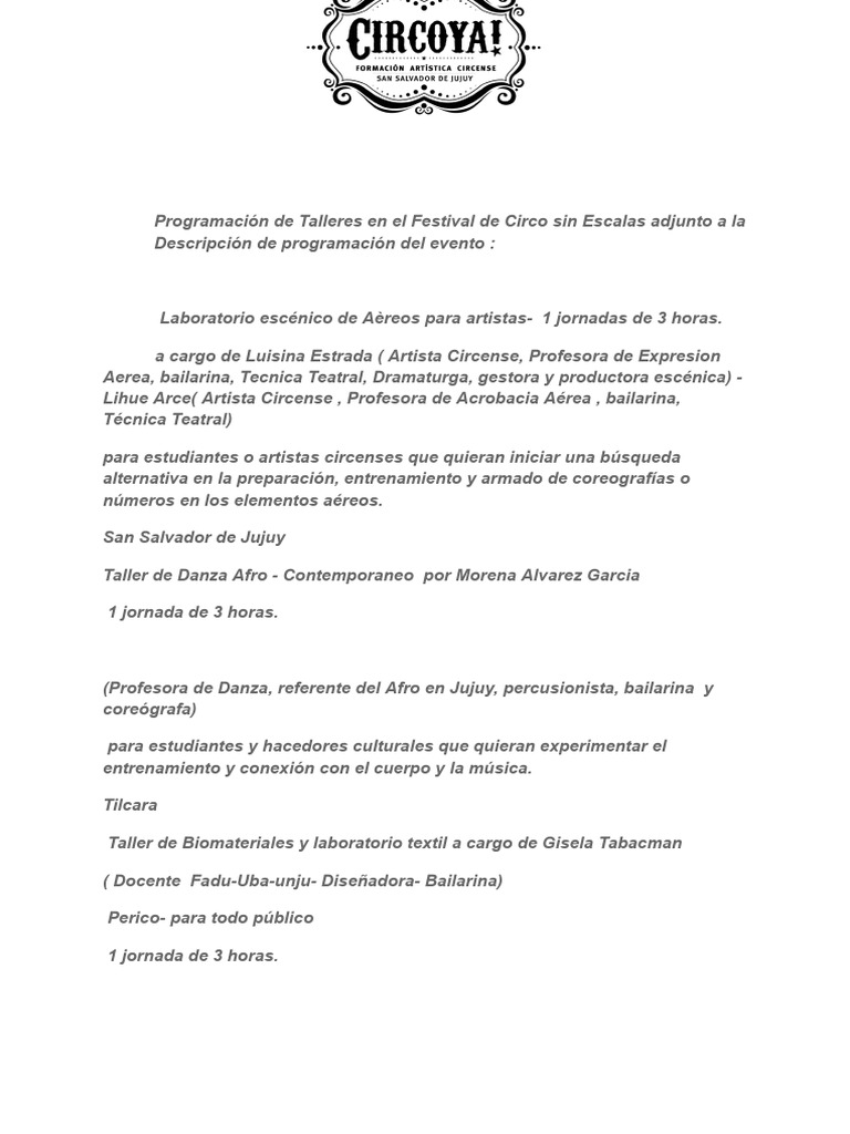 Programación de Talleres en El Festival de Circo Sin Escalas Adjunto a La Descripción de ...