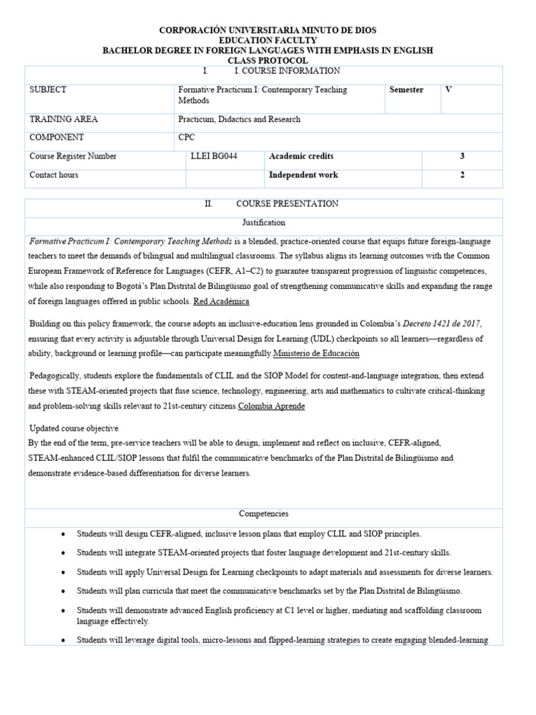 CLASS PROTOCOL Formative Practicum I Contemporary Teaching Methods ...