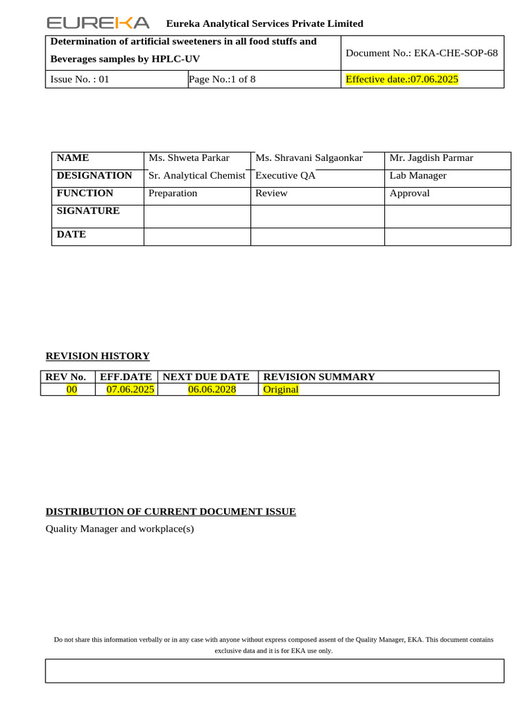 EKA-CHE-SOP-68 Determination of Artificial Sweeteners in All Food Stuffs by HPLC-UV_ - Copy ...