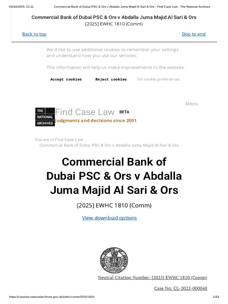 Commercial Bank of Dubai PSC & Ors v Abdalla Juma Majid Al Sari & Ors - Find Case Law - The ...