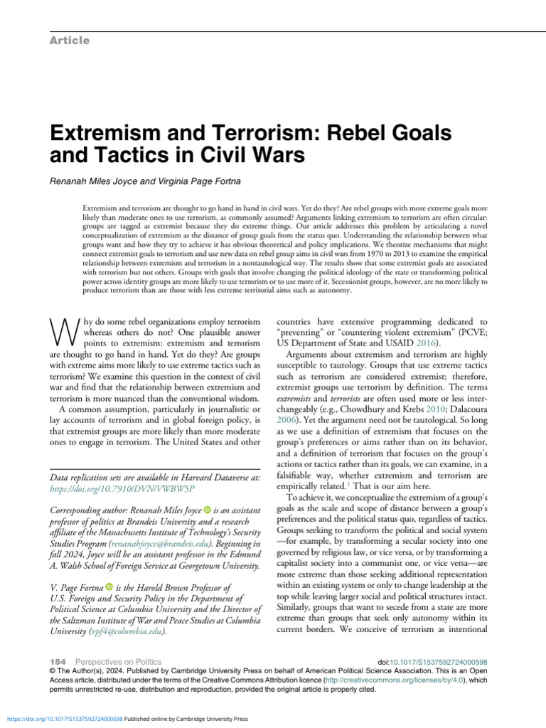 Extremism and Terrorism Rebel Goals and Tactics in Civil Wars | PDF ...