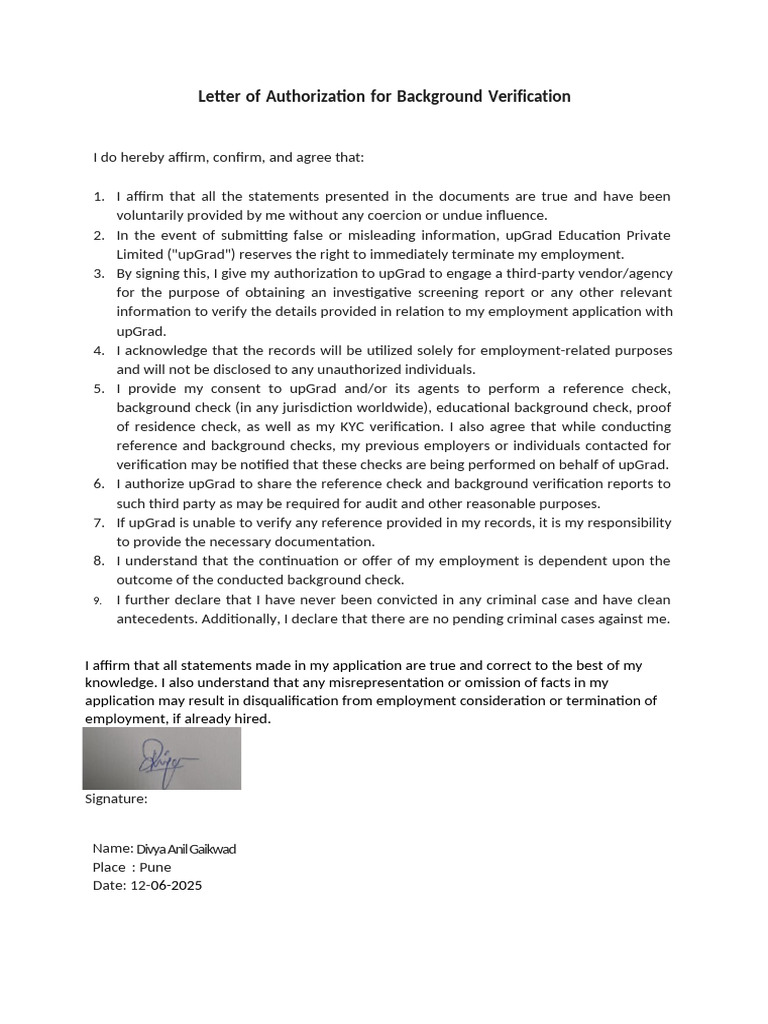 Letter of Authorization For Background Verification | PDF