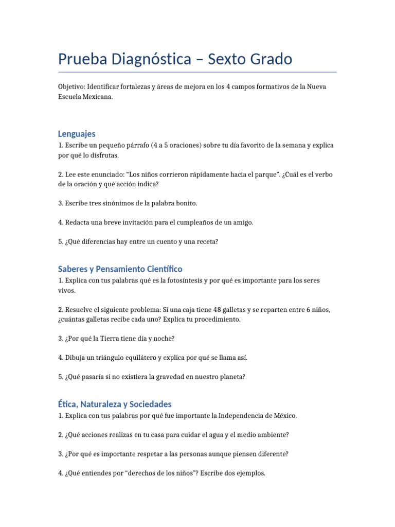 Prueba Diagnóstica Sexto Grado México | PDF