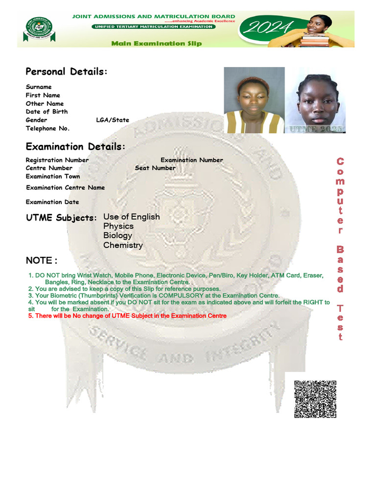 UTME 2025 Exam Details for Nifemi Olasoji | PDF