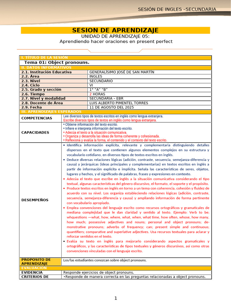 1° Sec. Sesion Actv 01 - U5 Ingles 2025 | PDF | Aprendizaje | Asunto ...