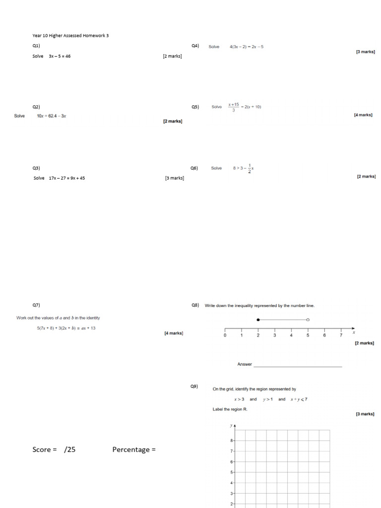 Year 10 Higher Assessed Homework 3 Worksheet | PDF