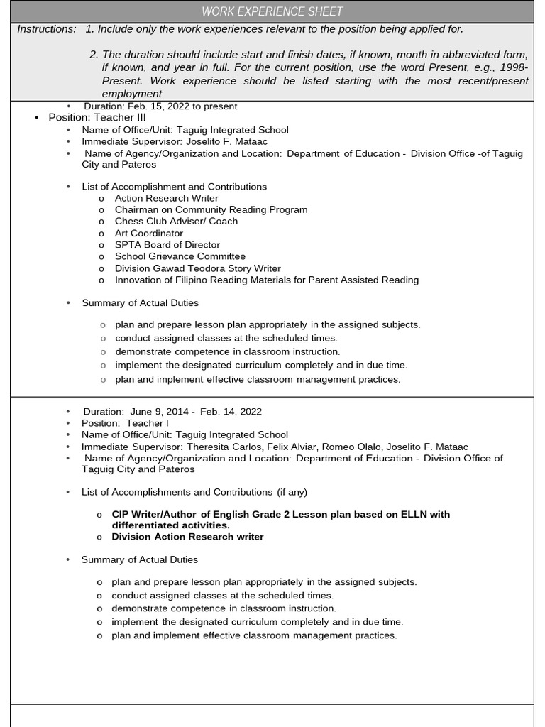 CS Form No. 212 Attachment Work Experience Sheet | PDF | Intelligence ...