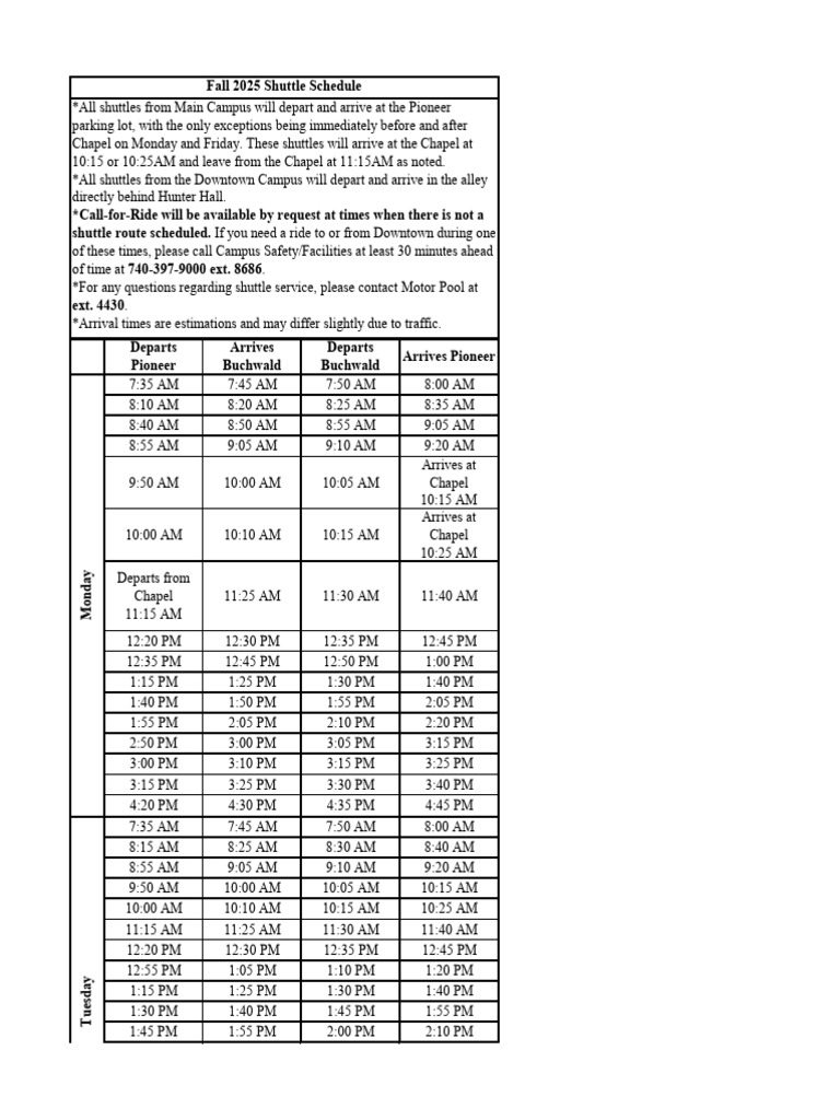 2025-2026 Shuttle Schedule | PDF