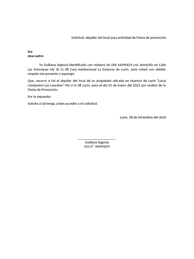 Solicitud de Alquiler para Fiesta de Promoción | PDF