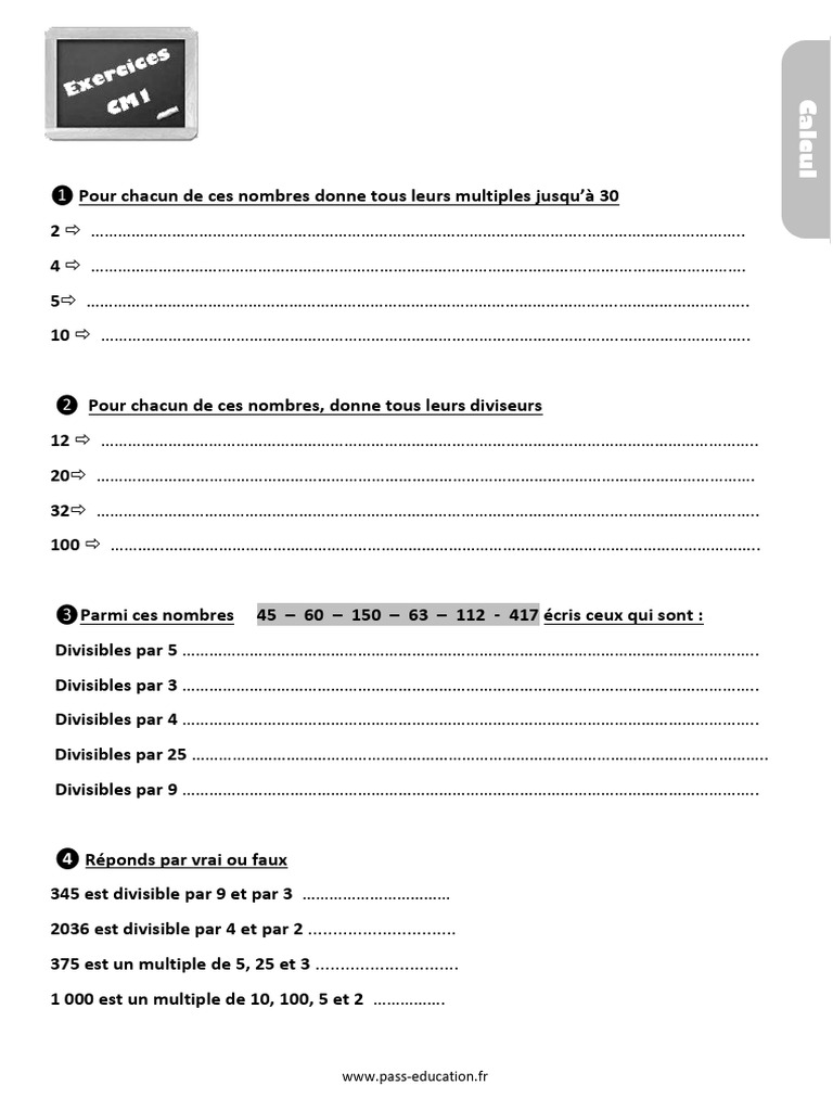 CM1 Exercices Revisions Sur Les Multiples Et Les Diviseurs | PDF