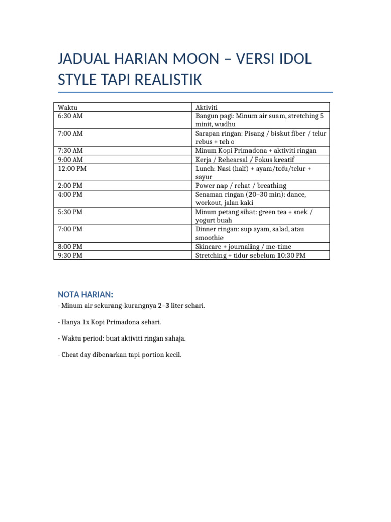 Jadual Harian Moon Idol Style | PDF