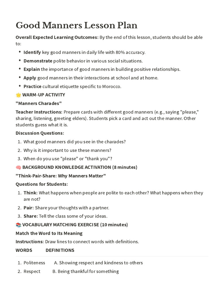 Good Manners Lesson Plan | PDF | Etiquette | Human Communication