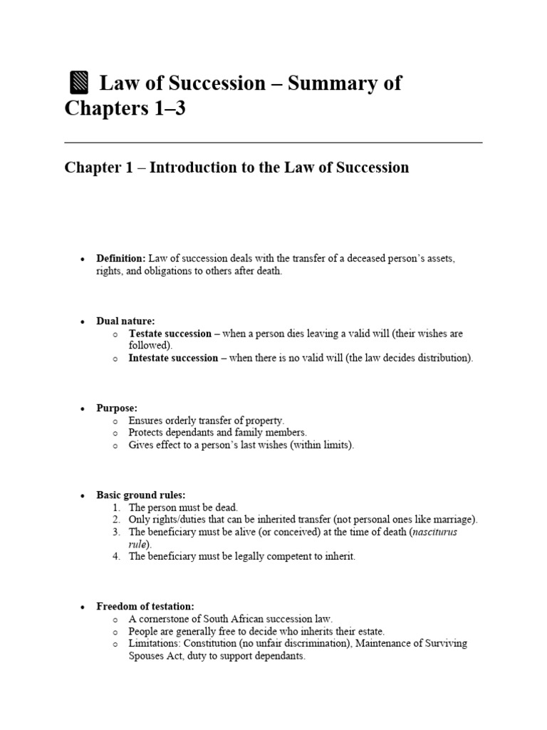 Summary of Succession - Chapters 1-3 | PDF | Will And Testament | Intestacy