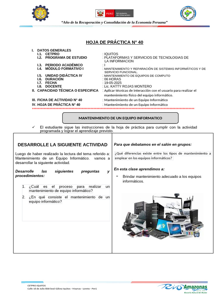 Hoja de Práctica Del 19 Al 23 de Mayo Del 2025 PERIODO I Unidad IV y V ...