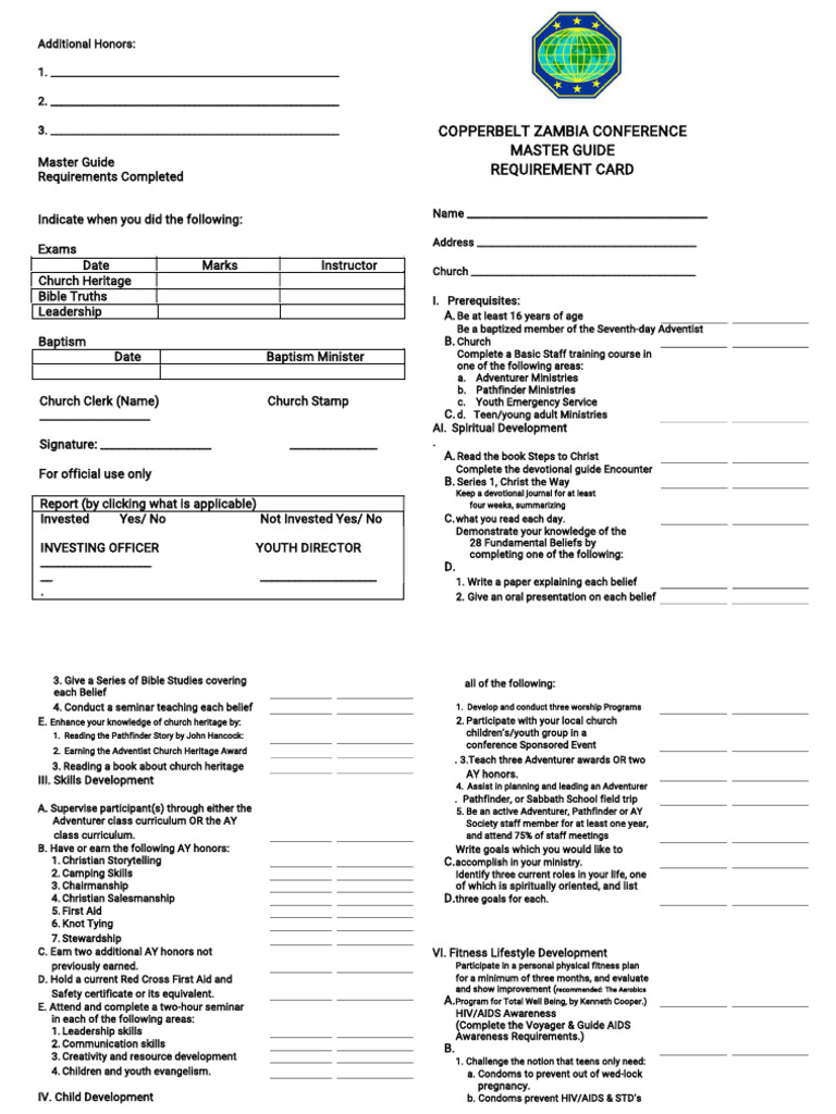 CZC MG Requirement Card | PDF | Seventh Day Adventist Church | Hiv/Aids