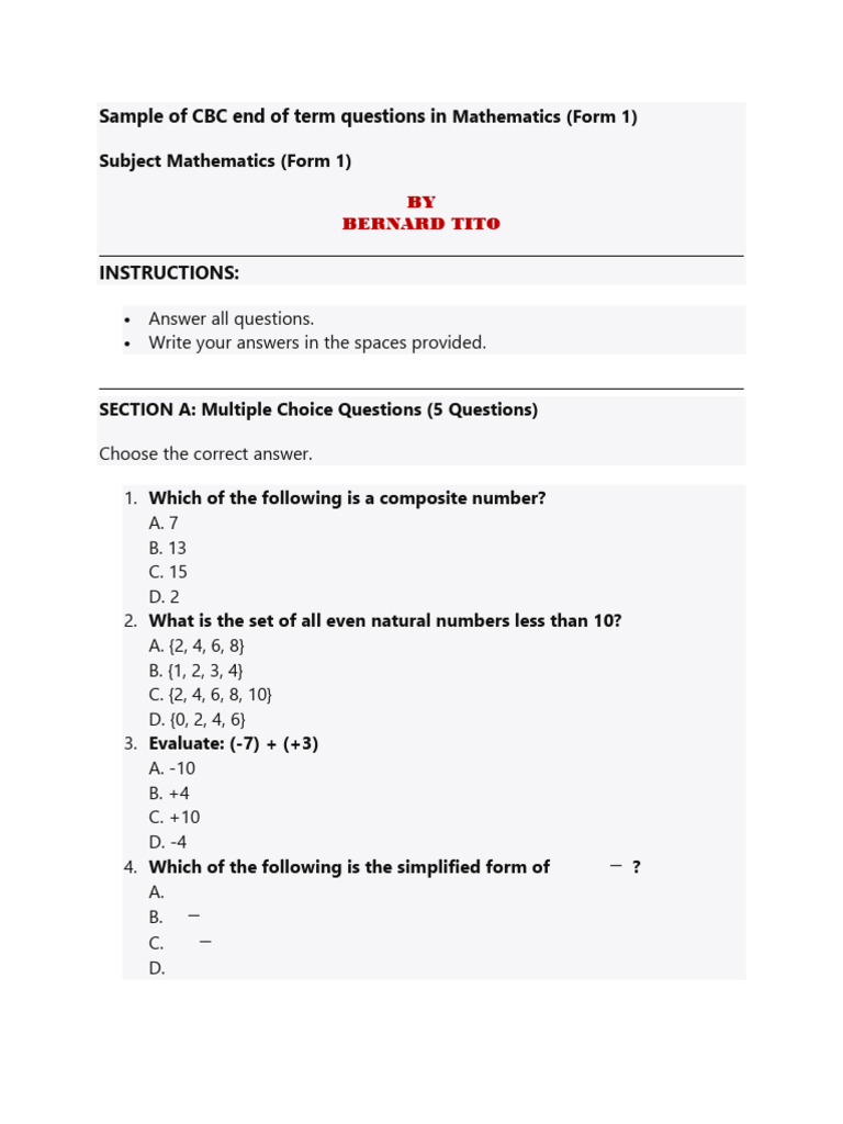 CBC Mathematics Exam Questions Form 1 | PDF | Number Theory | Arithmetic