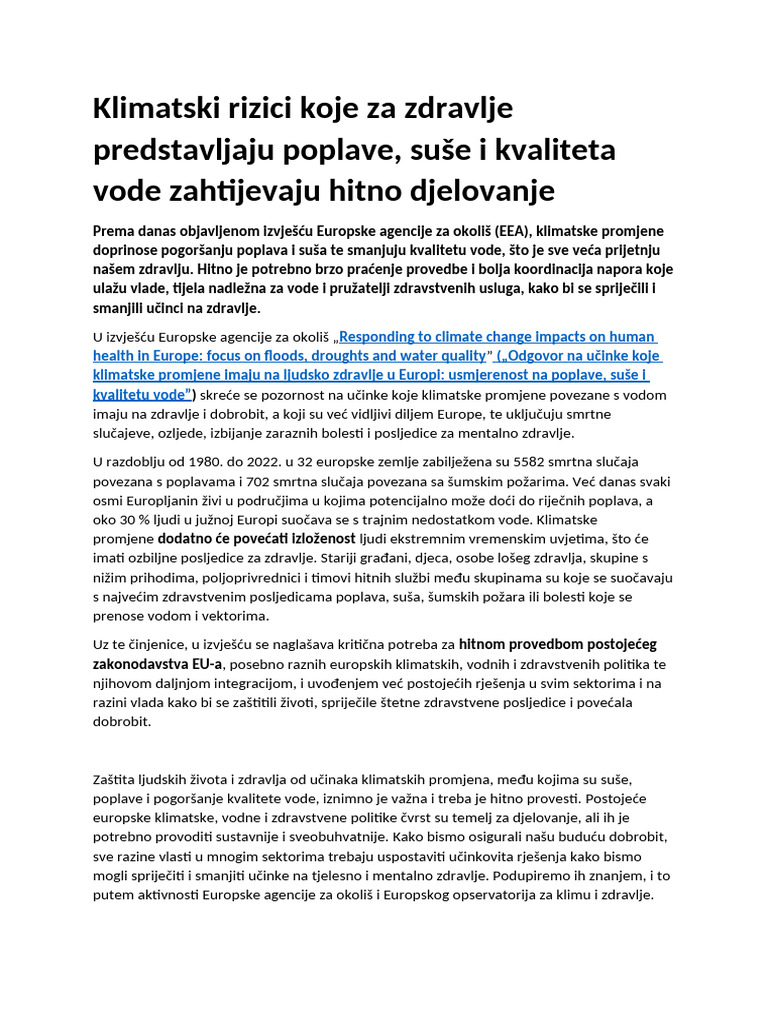 Klimatski Rizici Koje Za Zdravlje Predstavljaju Poplave | PDF
