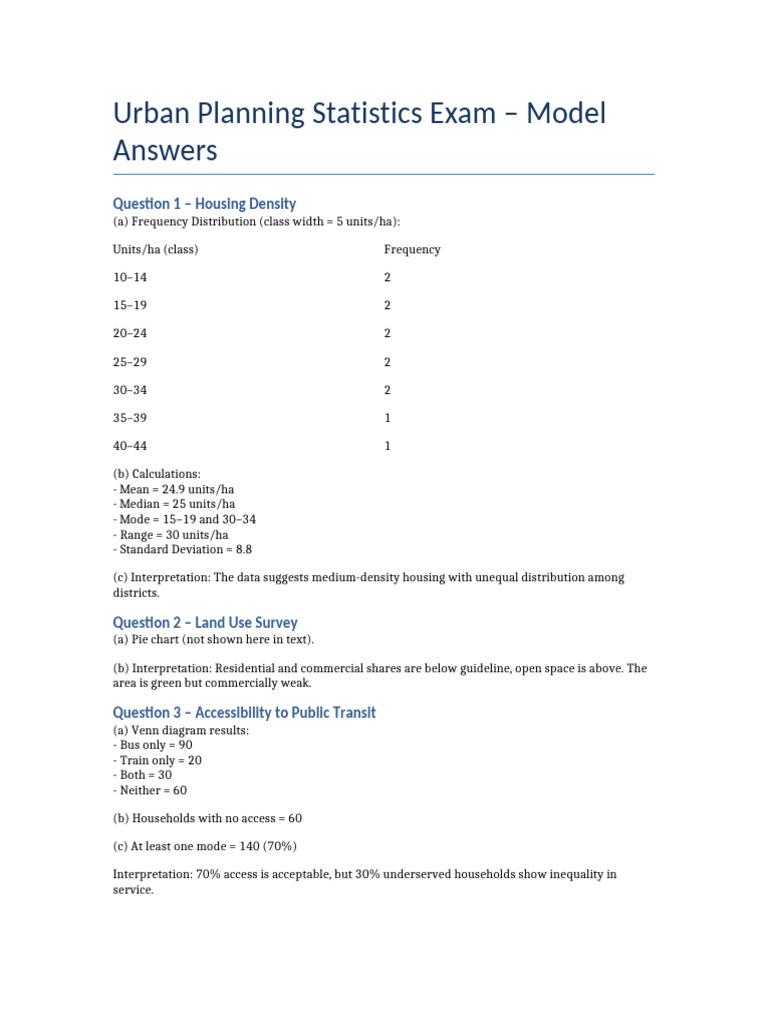 Urban Planning Statistics Exam Insights | PDF | Median | Mode (Statistics)