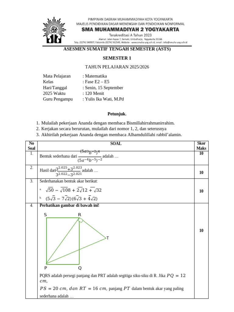 Soal ASTS Matematika Kelas Fase E2-E5 (Yulis Ika) | PDF