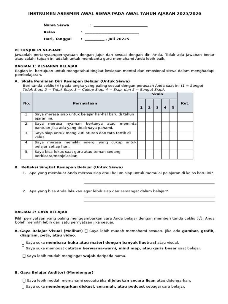 Instrumen Asesmen Awal Tahun Ajaran PRINT | PDF