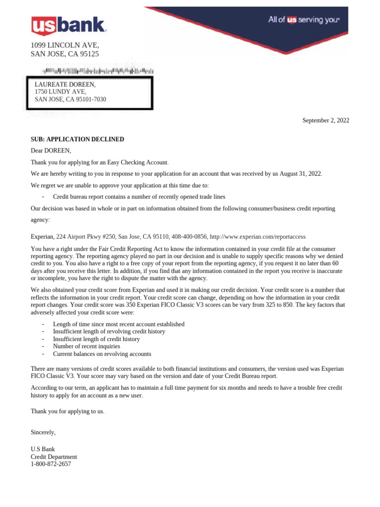 Easy Checking Account Application Denied | PDF | Credit History ...