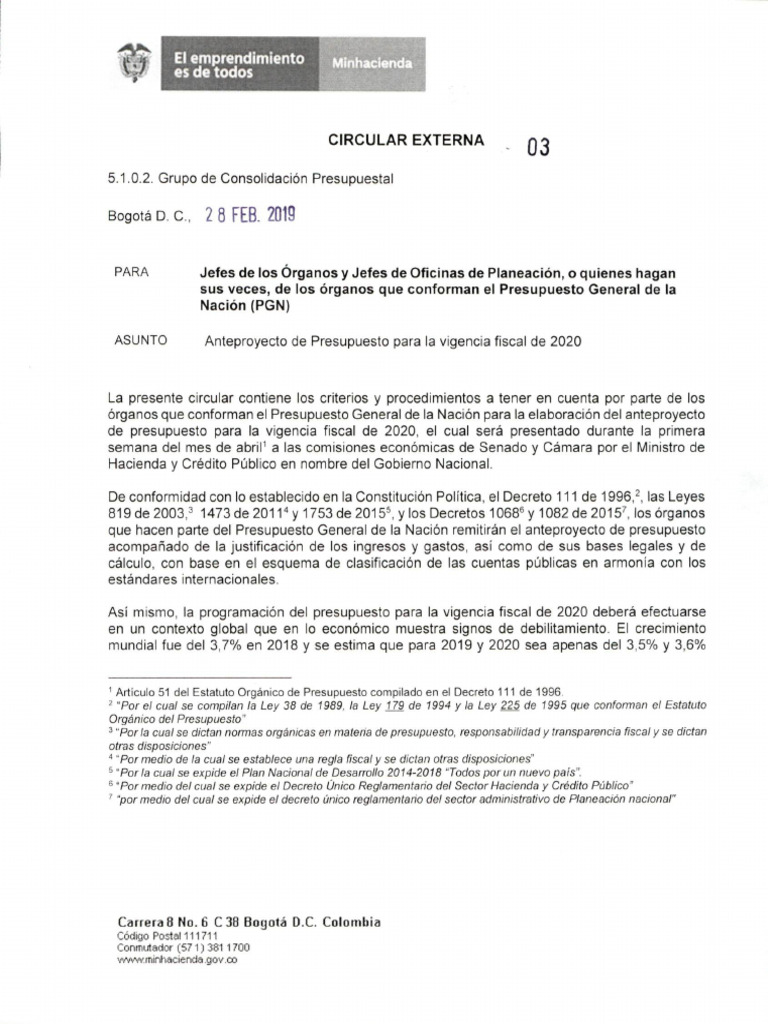 Circular Externa 003 Febrero 28 2019 - Anteproyecto PGN 2020 | PDF