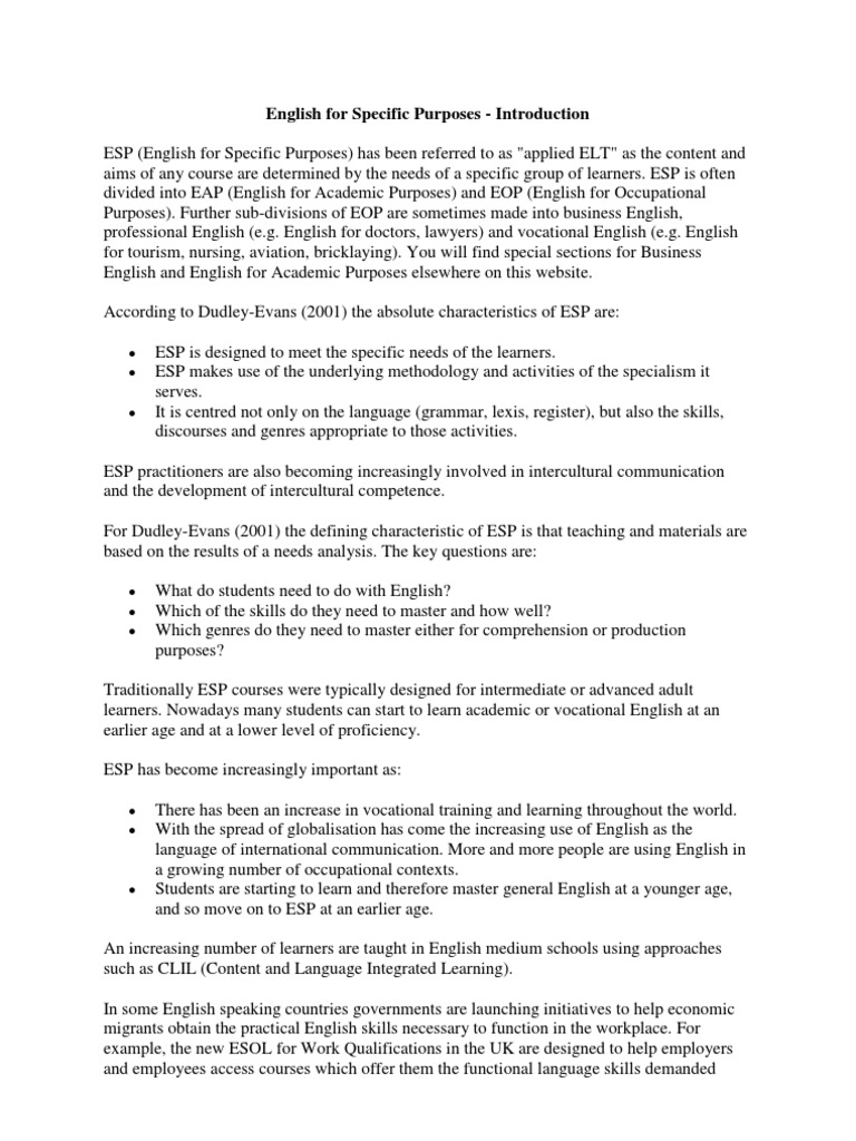 English For Specific Purposes | PDF | Expert | English As A Second Or ...