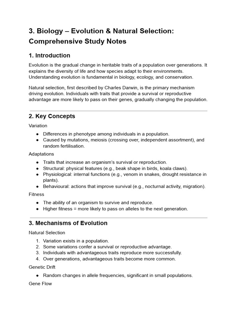 Biology - Evolution & Natural Selection - Comprehensive Study Notes ...