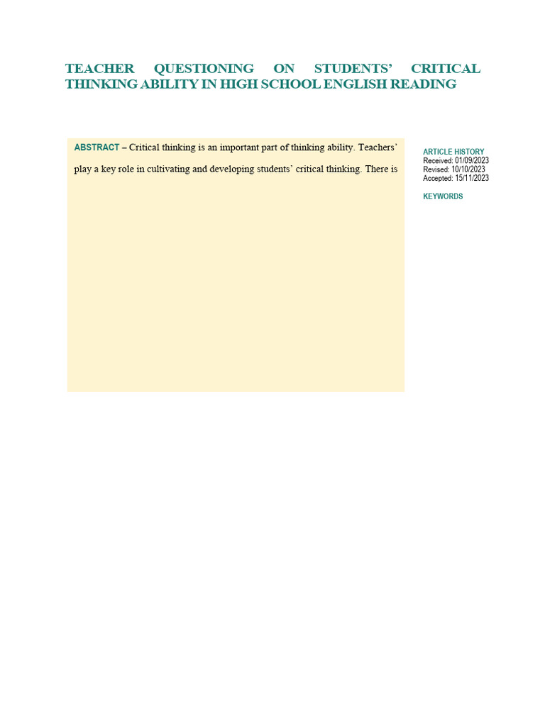 Teacher Questioning On Students Critical Thinking Skill in High School ...