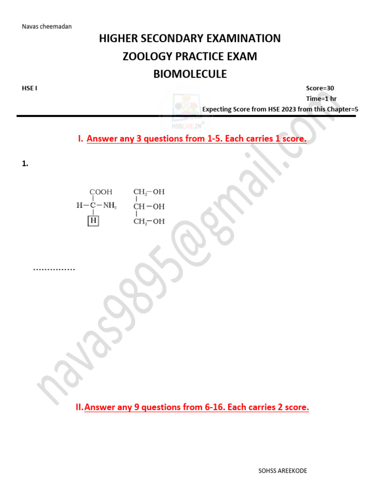 Hsslive Xi Zoology Practice Test 3 Biomolecule | PDF | Enzyme | Active Site