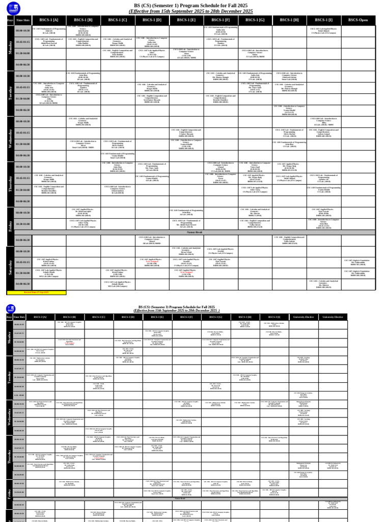 BSCS 1st and 2nd Program Classes Schedule for Fall 2025 | PDF | Mathematics | Computer Science