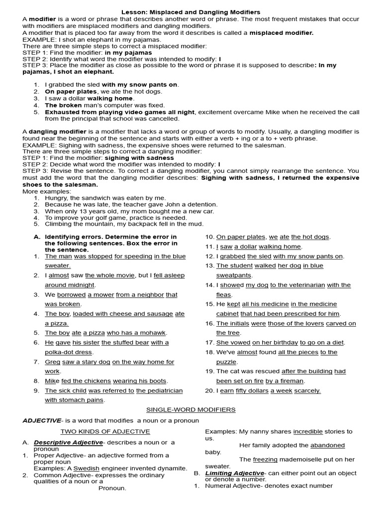 Misplaced and Dangling Modifiers Explained | PDF | Linguistic ...