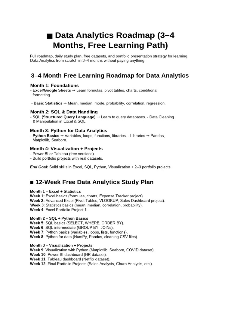 Free 3-Month Data Analytics Roadmap | PDF | Microsoft Excel | Sql