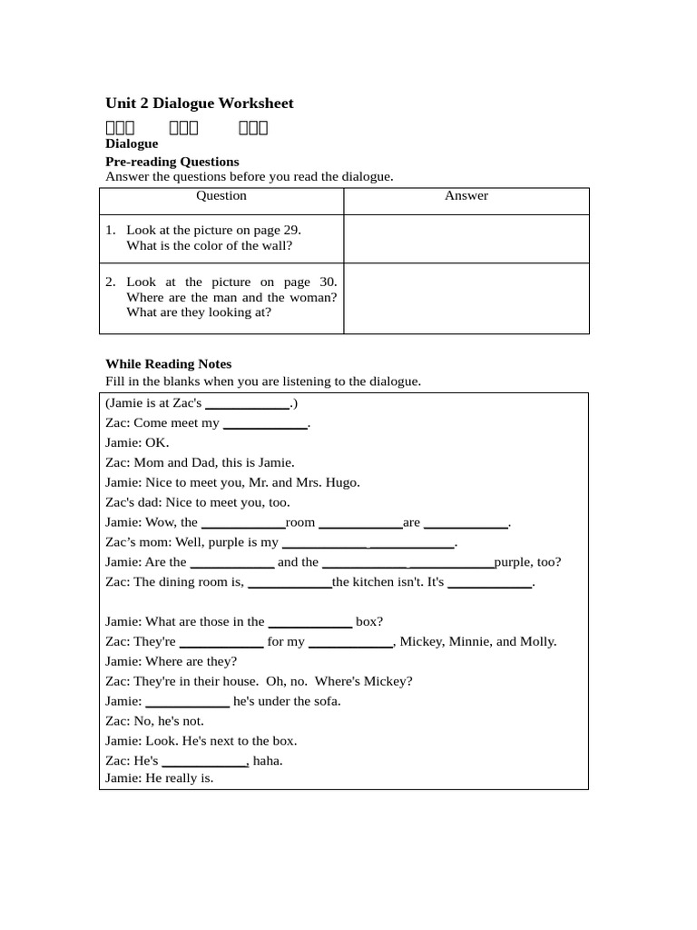 Dialogue and Reading Worksheet | PDF | Syntax | Linguistics