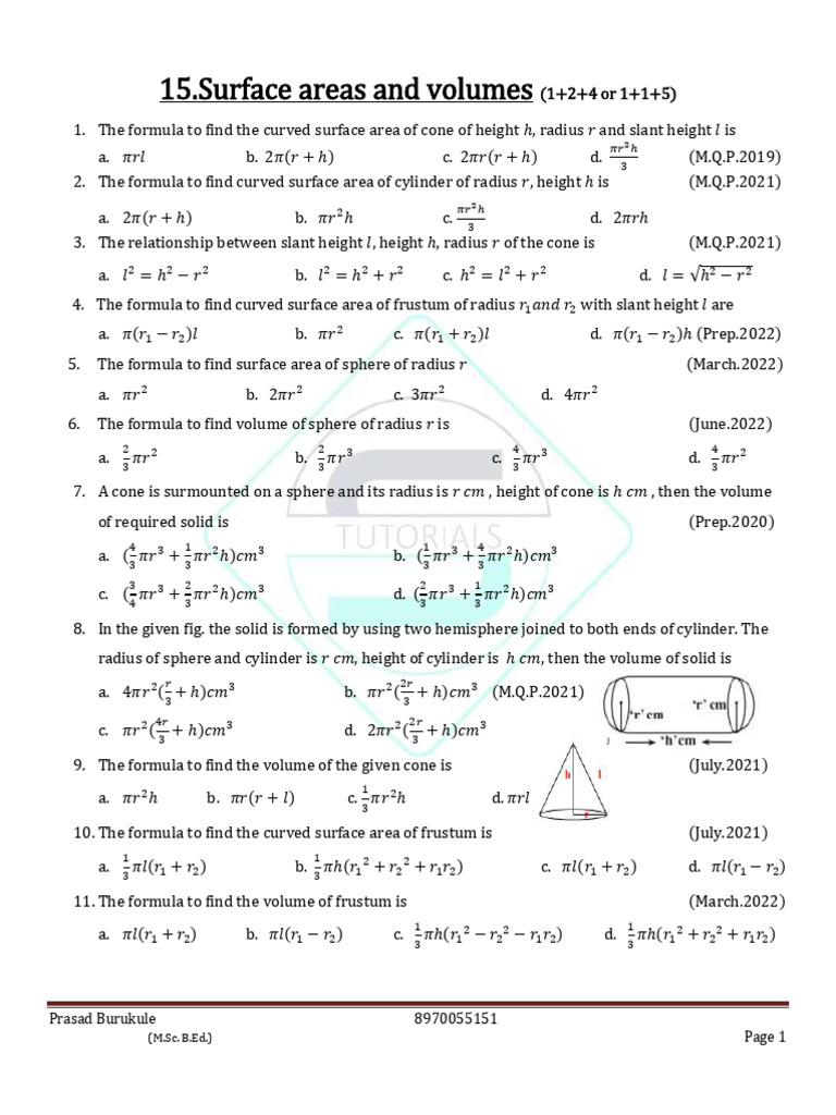 Surface Area and Volume Formulas | PDF | Sphere | Area