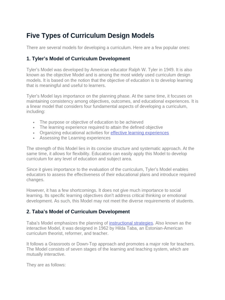 Five Types of Curriculum Design Models | PDF | Curriculum | Learning
