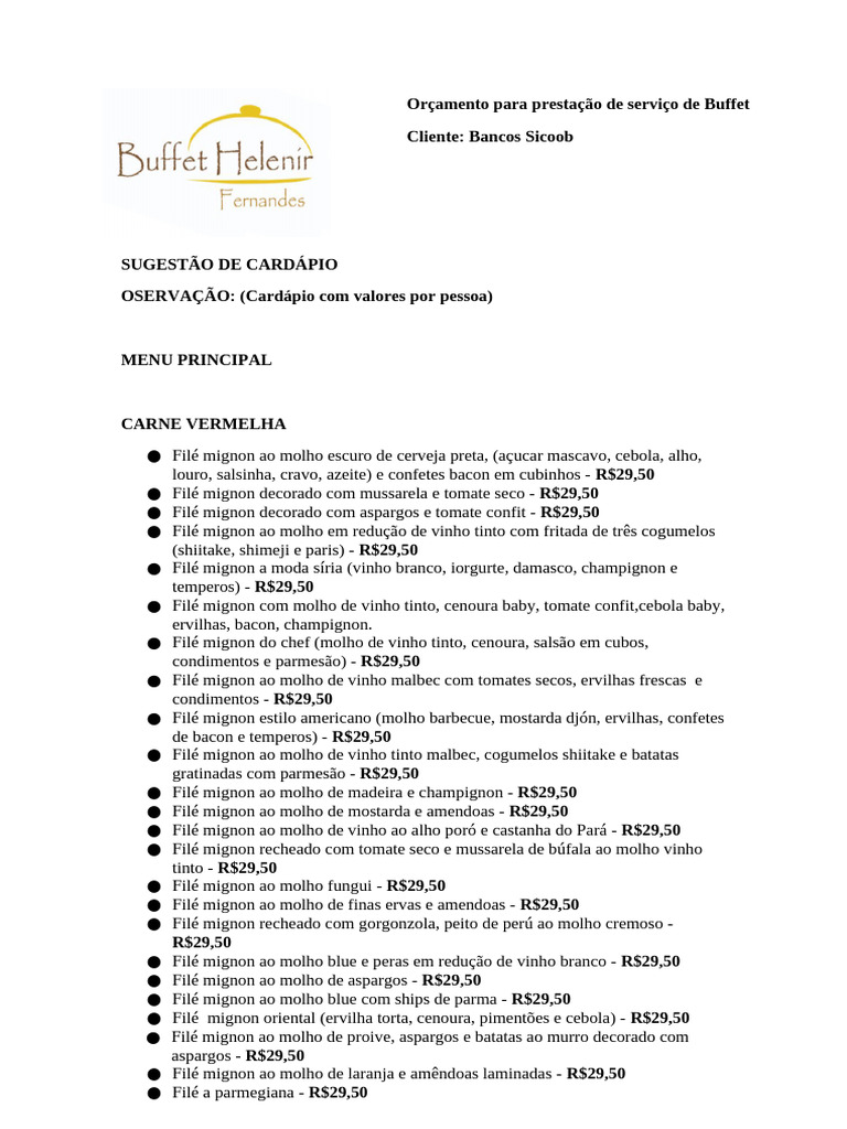 Cardápio Buffet para Eventos Sicoob | PDF | Alimentos | Ingredientes de ...