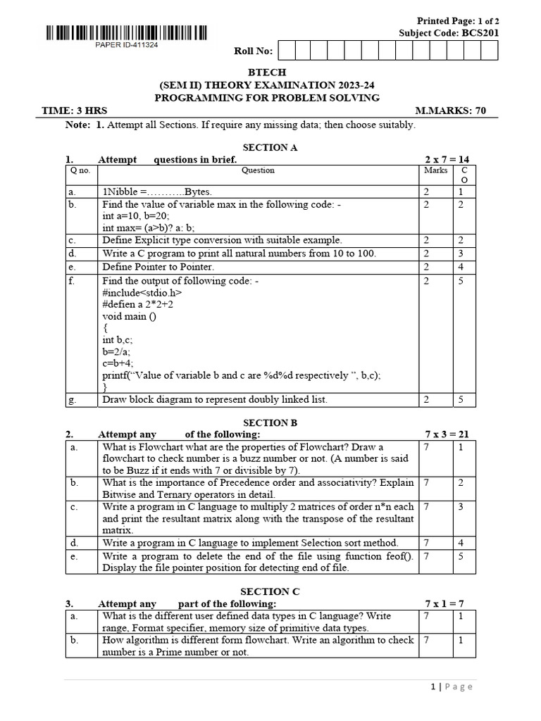 AKTU PPS I-Year Question Papers | PDF | Pointer (Computer Programming ...