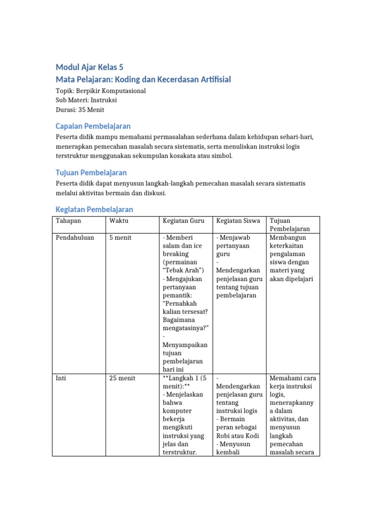 Modul Ajar Koding Kelas5 Berpikir Komputasional | PDF