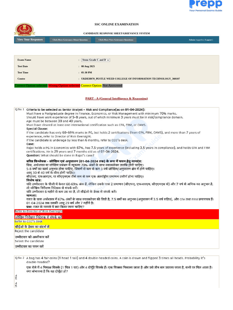 SSC Steno 2025 Question Paper 8 Aug 2025 Shift 3 | PDF | Evaluation ...