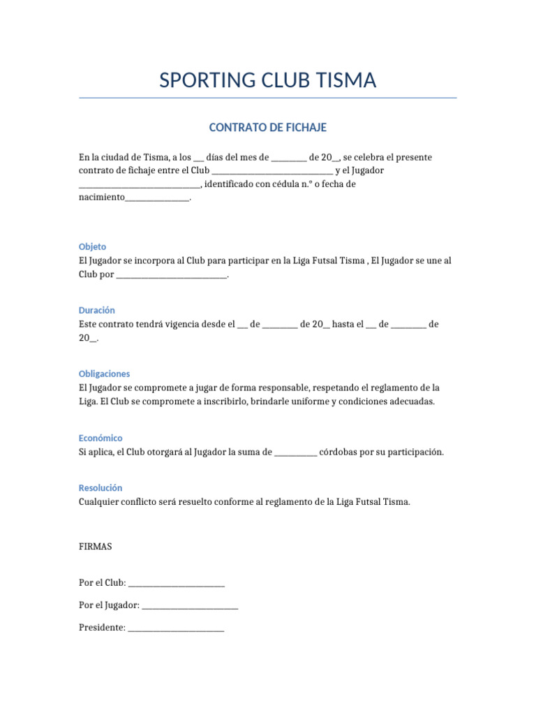 Contrato Corto Fichaje Futsal Tisma | PDF