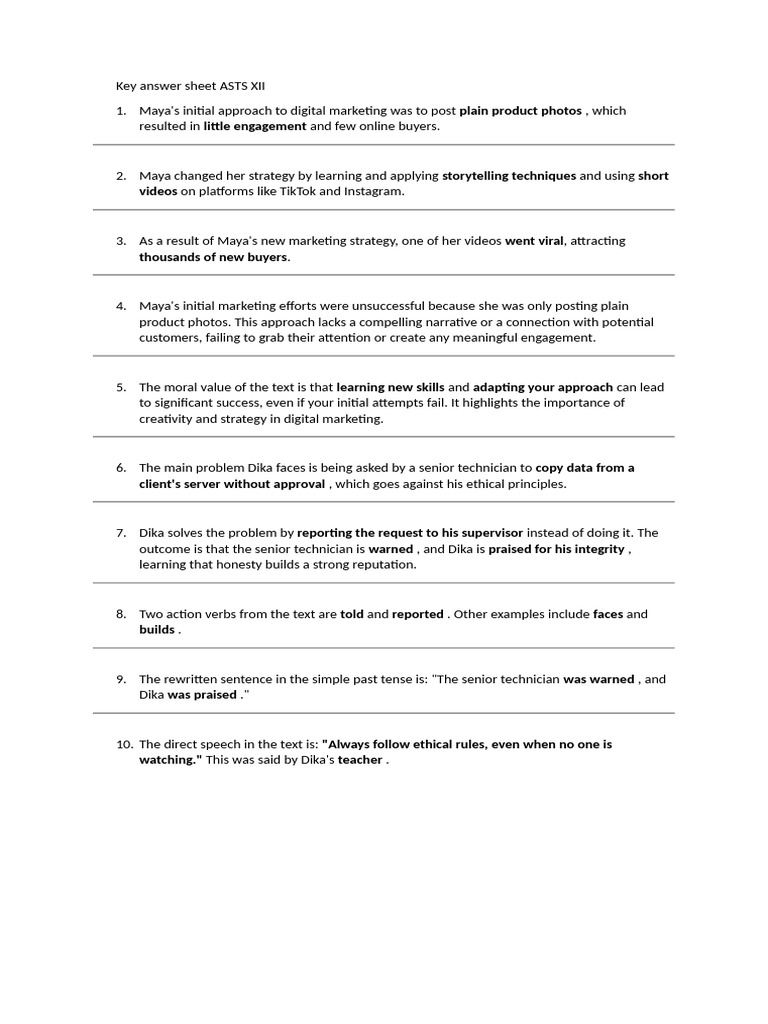 Key Answer Sheet ASTS XII | PDF