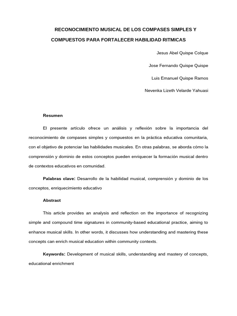 Reconocimiento Musical de Los Compases Simples y Compuestos para Fortalecer Habilidad Ritmicas ...