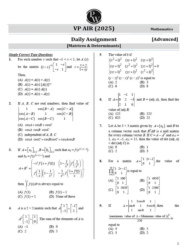 VP AIR 2025: Matrices & Determinants Quiz | PDF | Matrix (Mathematics ...