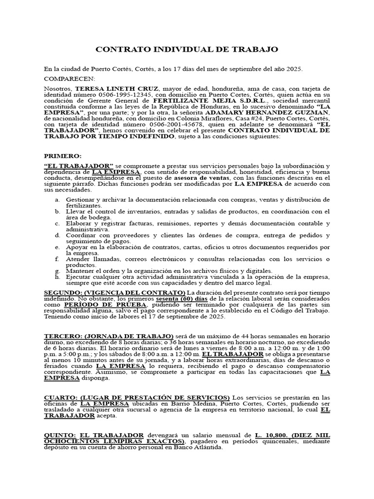 Contrato Individual de Trabajo | PDF | Business | Tiempo de trabajo