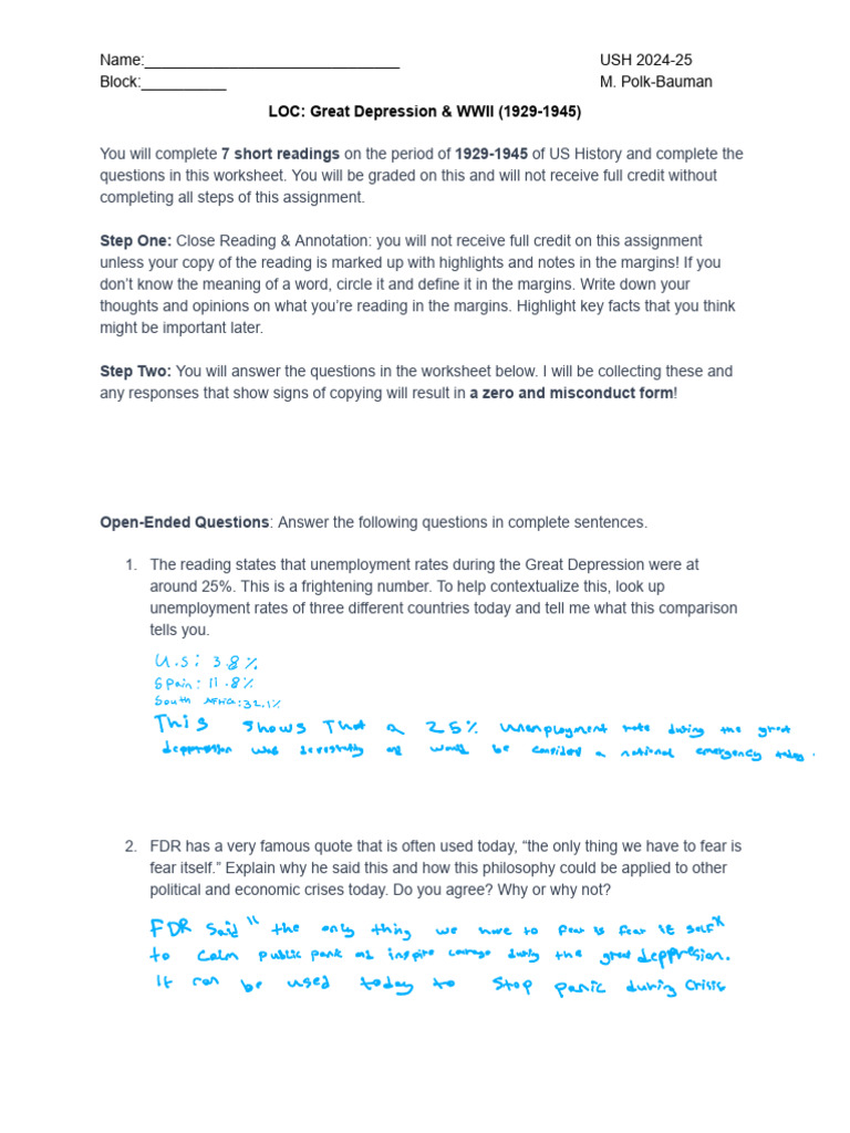 Edited - In-Class Assignment: LOC Reading & Questions | PDF | Great ...