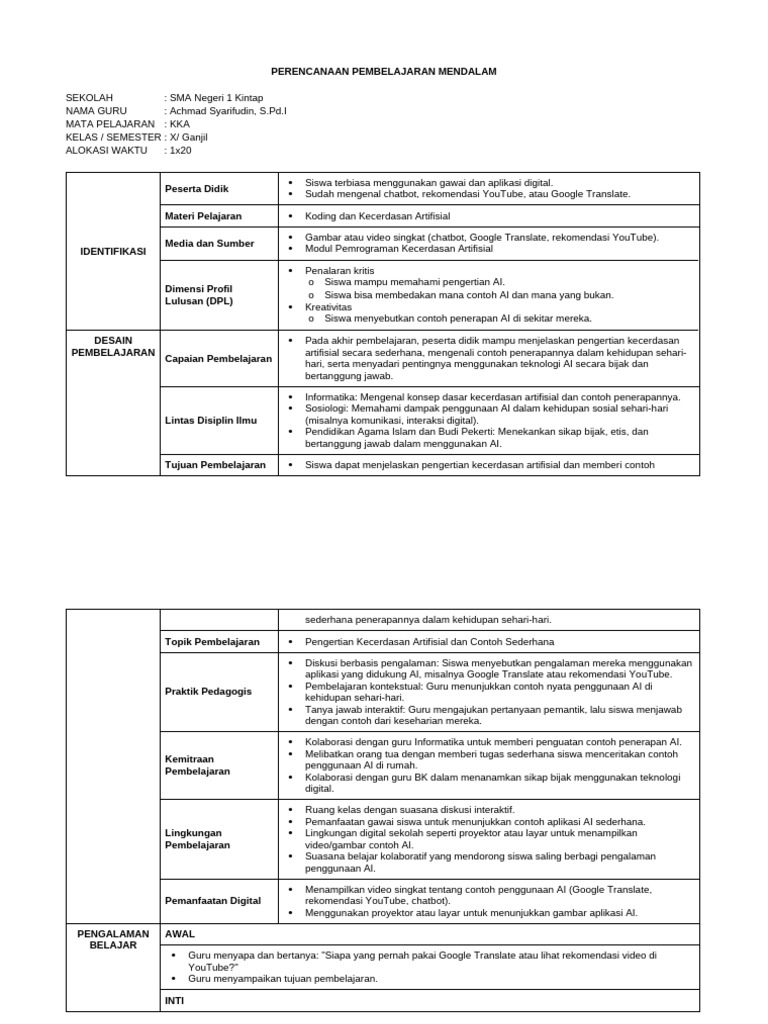 Contoh RPP Pembelajaran Mendalam | PDF