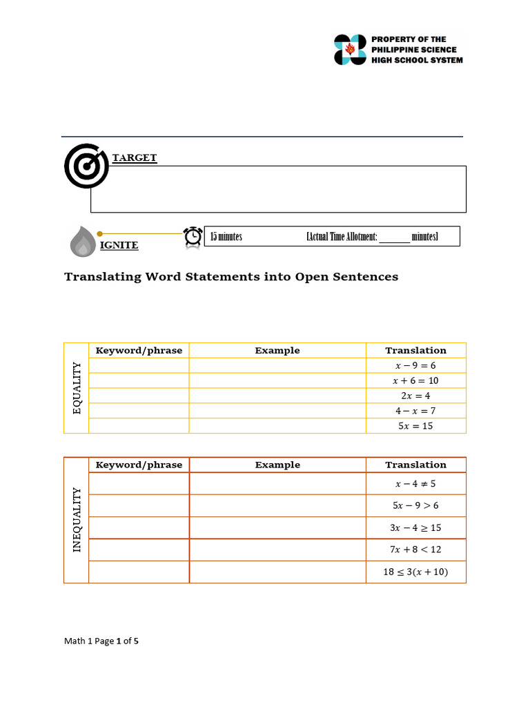 SLG_M1_4.2.1 Translating Word Statements to Open Sentences | PDF | Inequality (Mathematics ...